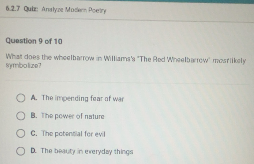 Solved: Analyze Modern Poetry Question 9 of 10 What does the ...