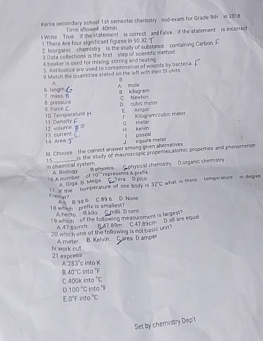 Gelöst:Kersa secondary school 1st semester chemistry mid-exam for Grade ...