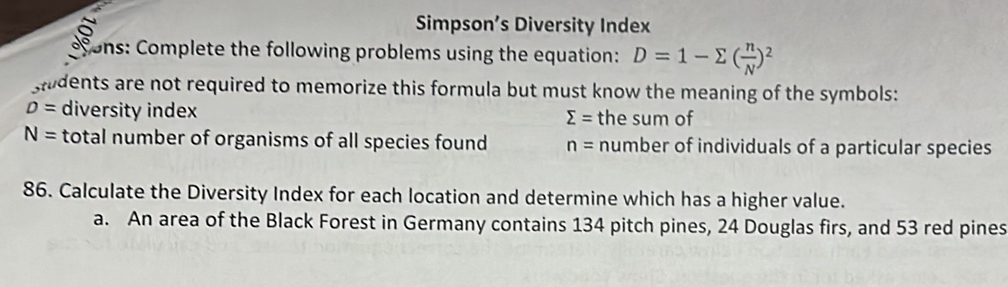 Solved: Simpson’s Diversity Index eyons: Complete the following ...