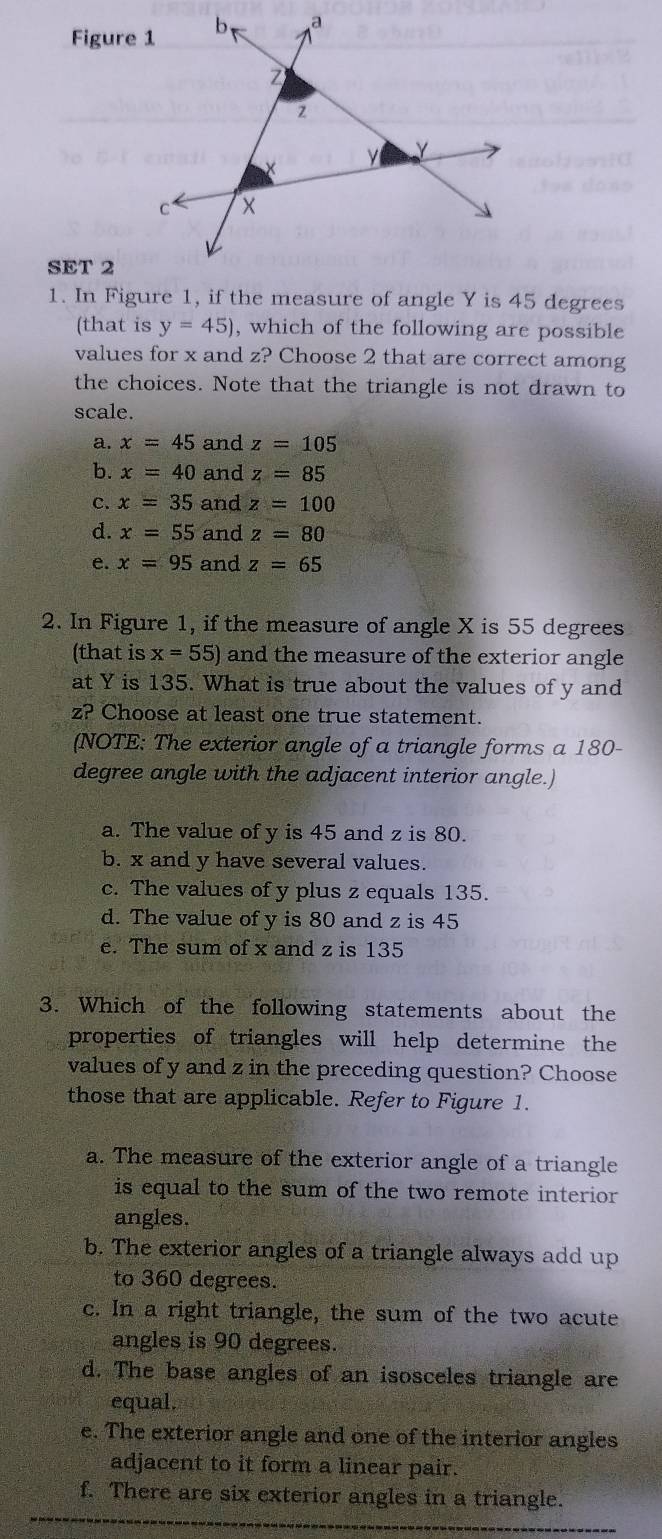 Solved: Figure 1 SET 2 1. In Figure 1, if the measure of angle Y is 45 ...