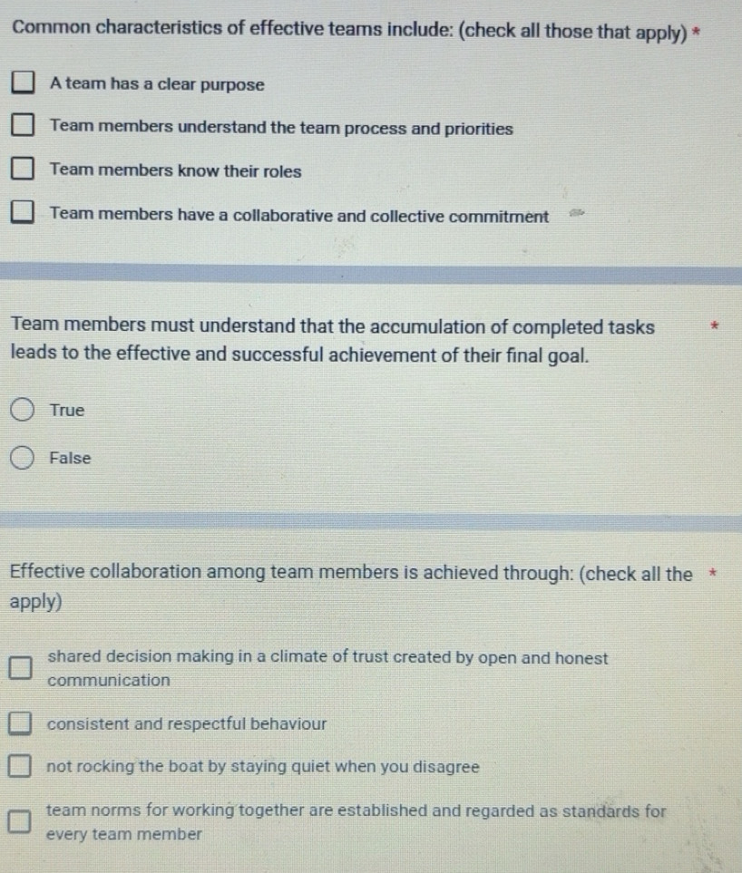 Solved: Common characteristics of effective teams include: (check all ...