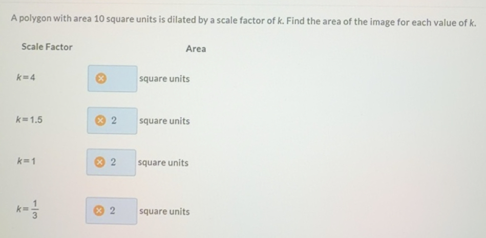 Solved: A polygon with area 10 square units is dilated by a scale ...
