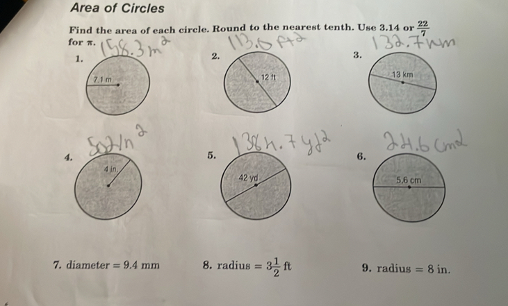 Solved: Area of Circles Find the area of each circle. Round to the ...