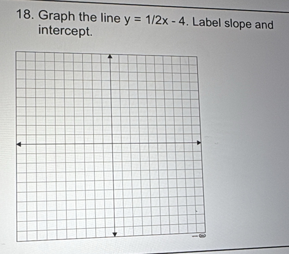 Solved: Graph the line y=1/2x-4. Label slope and intercept. [Math]