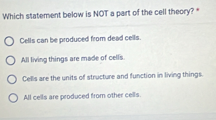 Solved: Which statement below is NOT a part of the cell theory? * Cells ...