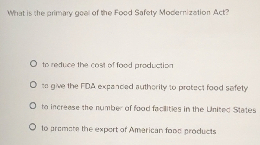 Solved: What is the primary goal of the Food Safety Modernization Act ...