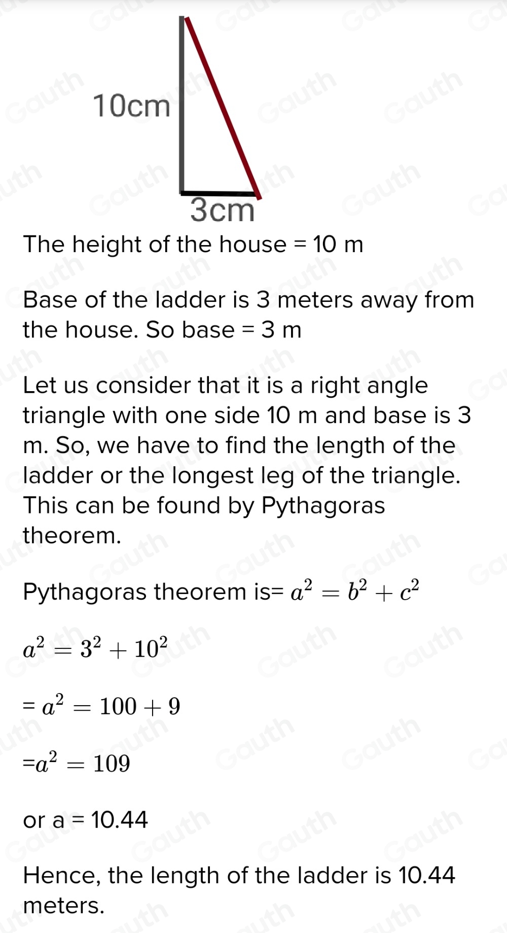 Solved: A ladder is leaning against the side of a 10m house. If the ...