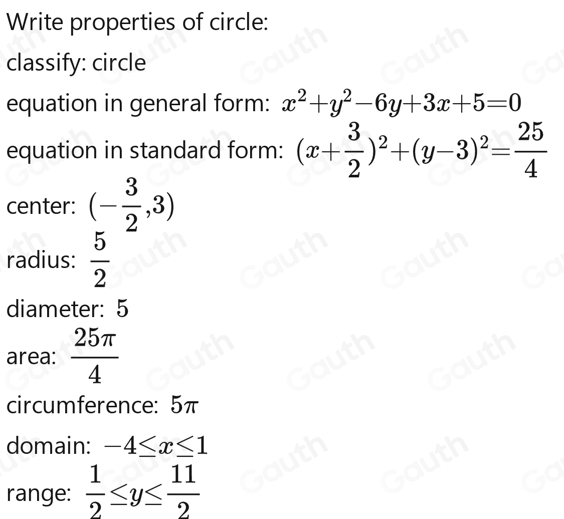 Solved: The endpoints of the diameter of a circle are (-3,1) and (0,5). Find the area and the ...
