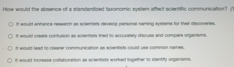 Solved: How would the absence of a standardized taxonomic system affect ...