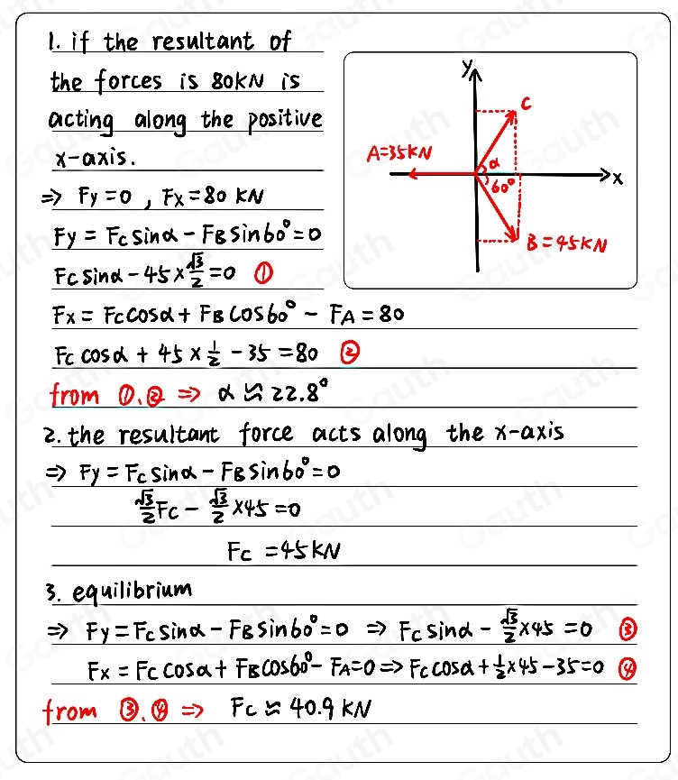 Solved: The hook is subjected to three forces A, B, and C as shown in figure 1. A=35kN and B ...