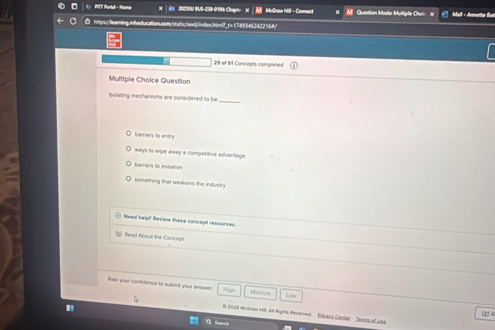 Solved: PITT Portal - Home × | M 2025SU BUS-238-01IN: Chapte X | M McGraw Hill - Connect × ...