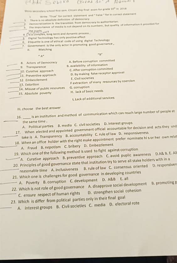 Gelöst:Shino seconitary school first sem. Citisen ship final exam for ...