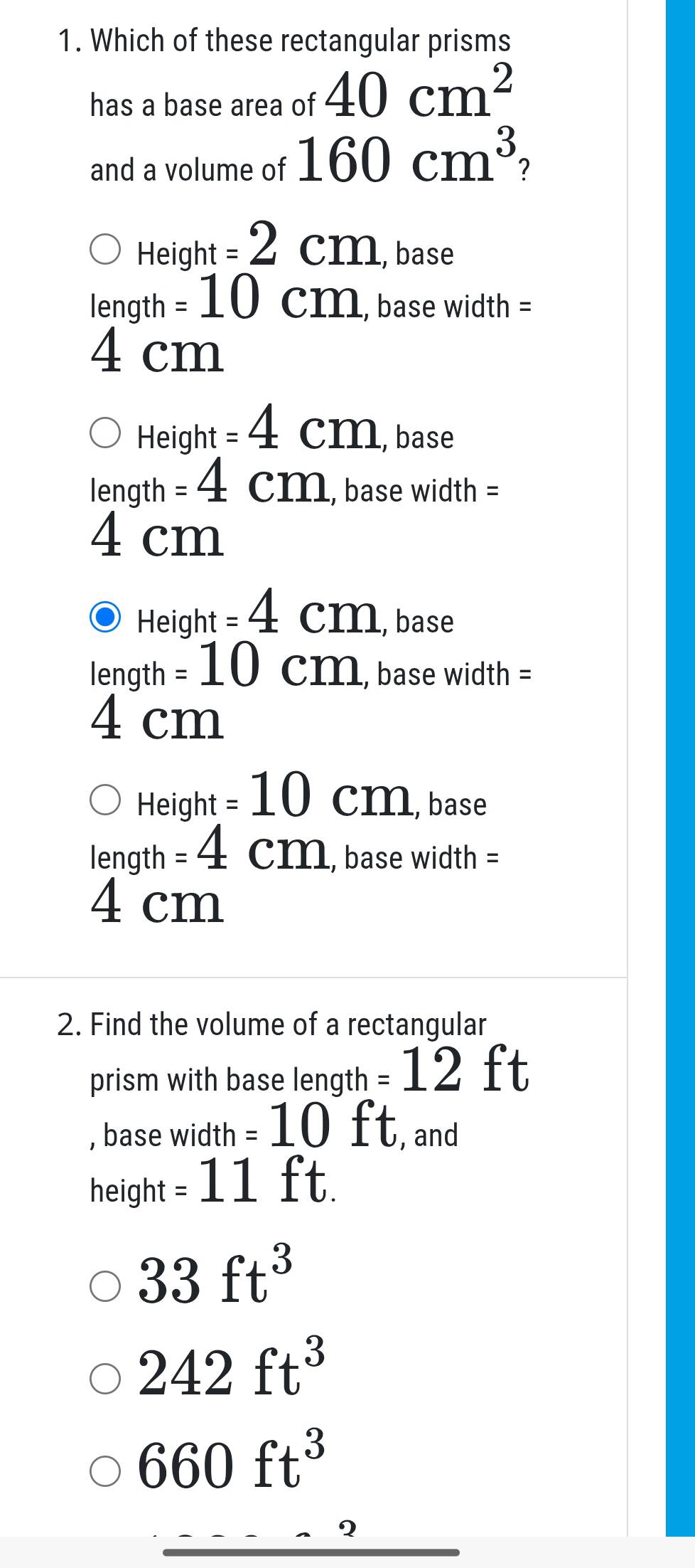 Solved: Which of these rectangular prisms has a base area of 40cm^2 and ...