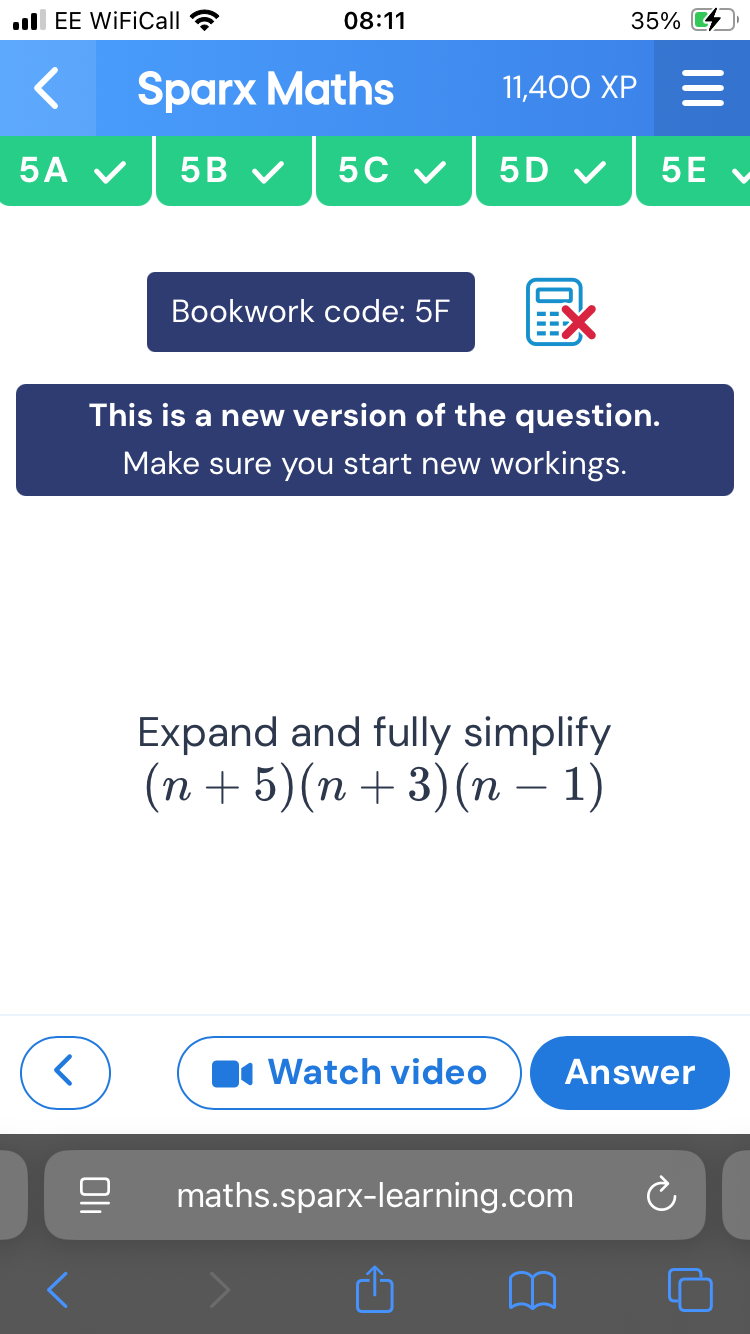 Solved: EE WiFiCall 08:11 35% Sparx Maths 11,40 XP 5A 5B 5C 5D 5E ...