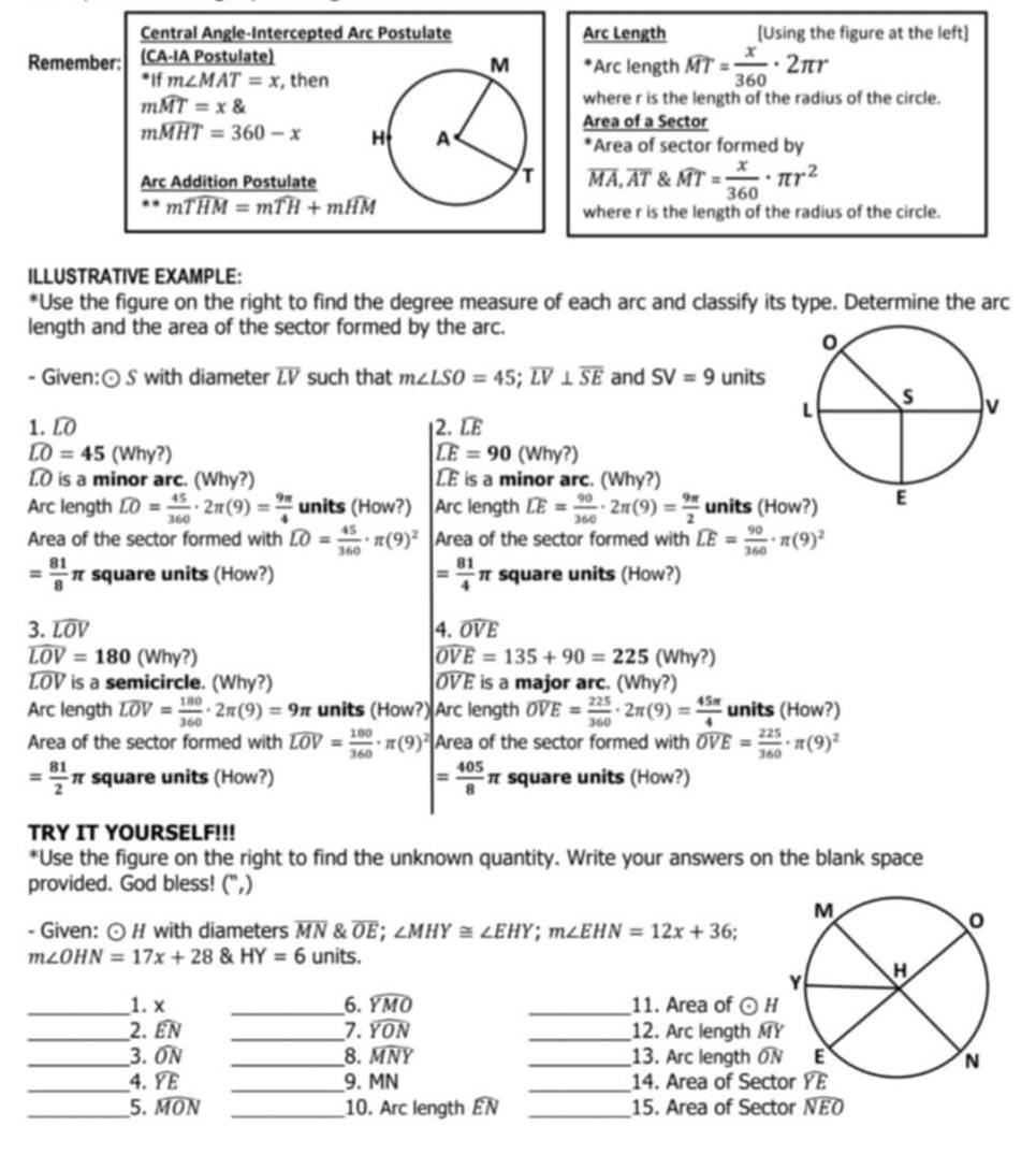 Solved: Central Angle-Intercepted Arc Postulate Arc Length [Using the ...