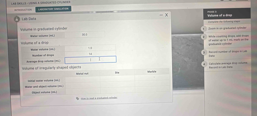 Solved: LAB SKILLS · USING A GRADUATED CYLINDER INTRODUCTION LABORATORY SIMULATION PHASE 3: Lab ...