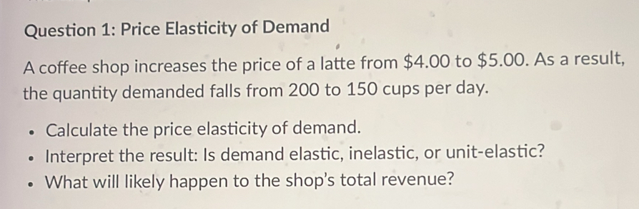 Solved: Price Elasticity of Demand A coffee shop increases the price of ...