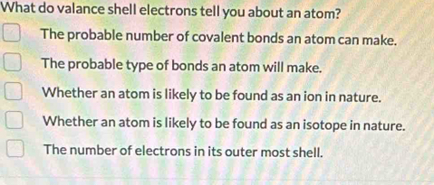 Solved: What do valance shell electrons tell you about an atom? The ...