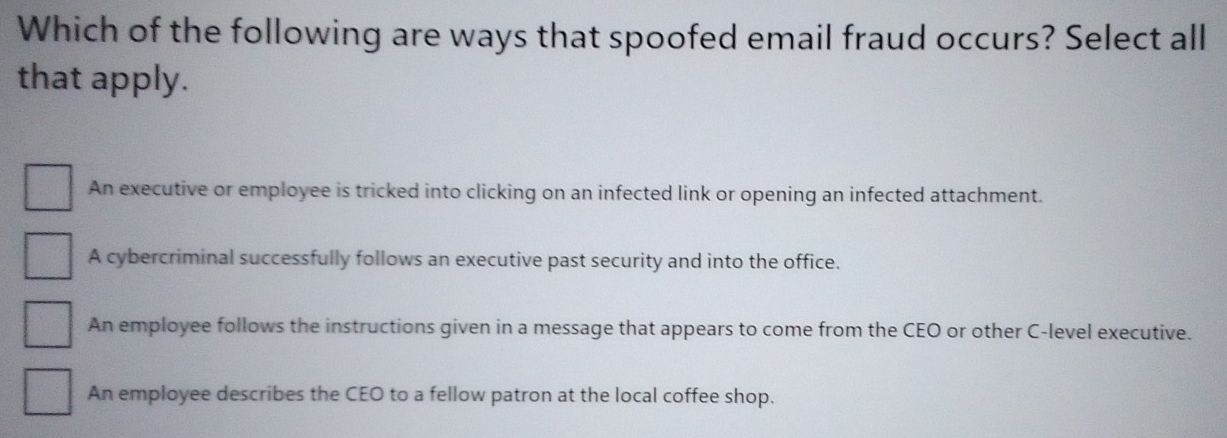 Solved: Which of the following are ways that spoofed email fraud occurs ...
