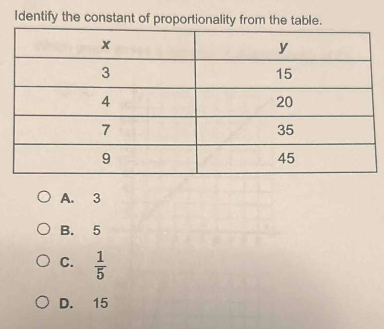 Solved: Identify the constant of proportionality from the table. A. 3 B ...