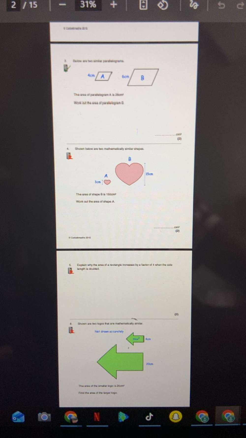 Solved: 15 31% 3. Below are two similar paralalograms 4cm The area of ...