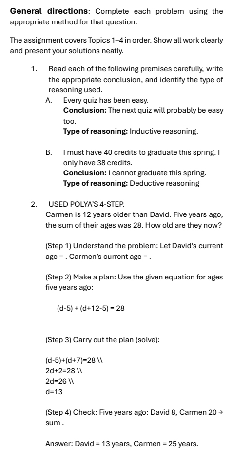 Solved: General directions: Complete each problem using the appropriate ...