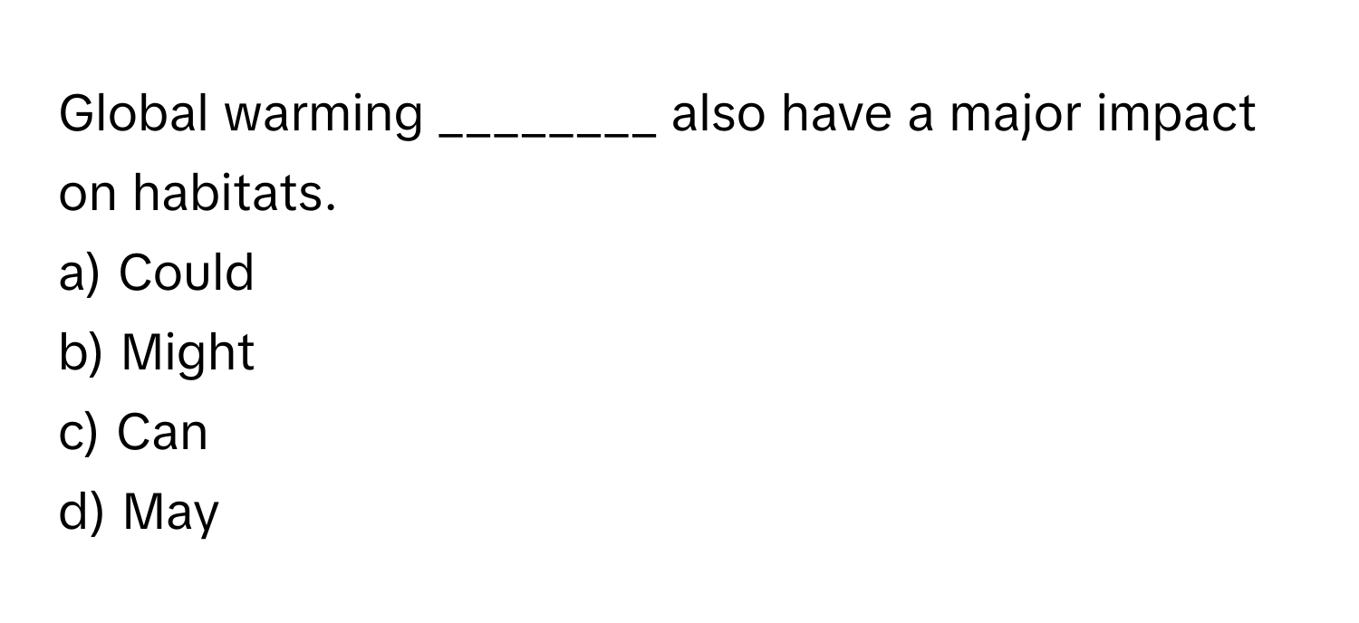 Solved: Global warming ________ also have a major impact on habitats. a ...