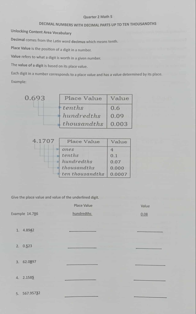 Solved: Quarter 2 Math 5 DECIMAL NUMBERS WITH DECIMAL PARTS UP TO TEN ...