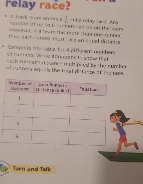 relay race? A track team enters a 6/12 -mile relay race. Any number of ...