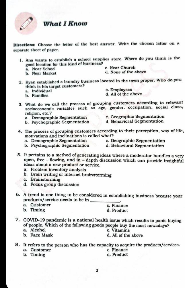 Solved: What I Know Directions: Choose the letter of the best answer ...