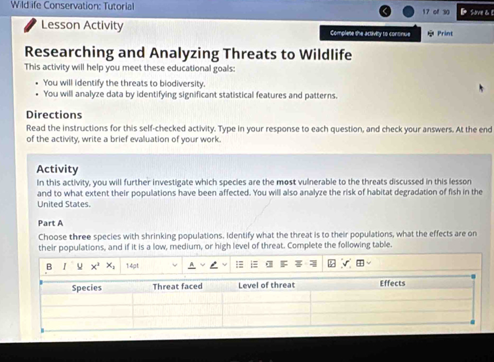 Solved: Wildlife Conservation: Tutorial D sove & e 17 of 30 Lesson ...