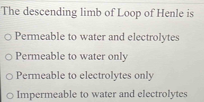 Solved: The descending limb of Loop of Henle is Permeable to water and ...