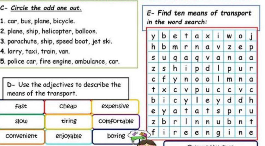 Resuelto:C- Circle the odd one out. E- Find ten means of transport 1 ...