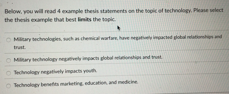 Solved: Below, you will read 4 example thesis statements on the topic ...