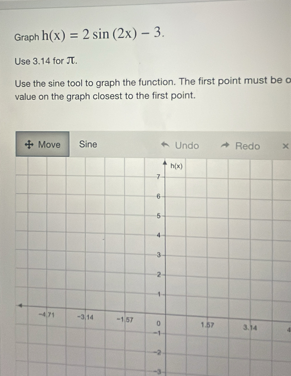 Solved: Graph h(x)=2sin (2x)-3. Use 3.14 for π. Use the sine tool to ...