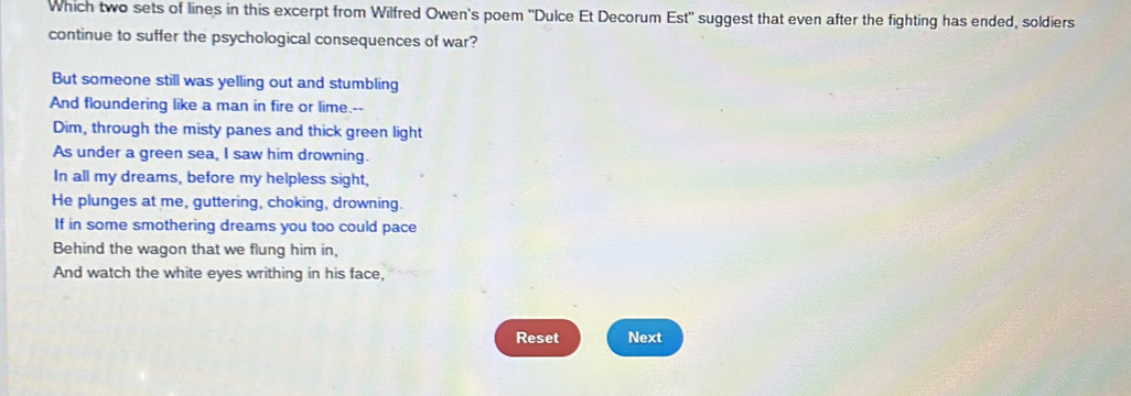 Solved: Which two sets of lines in this excerpt from Wilfred Owen's ...