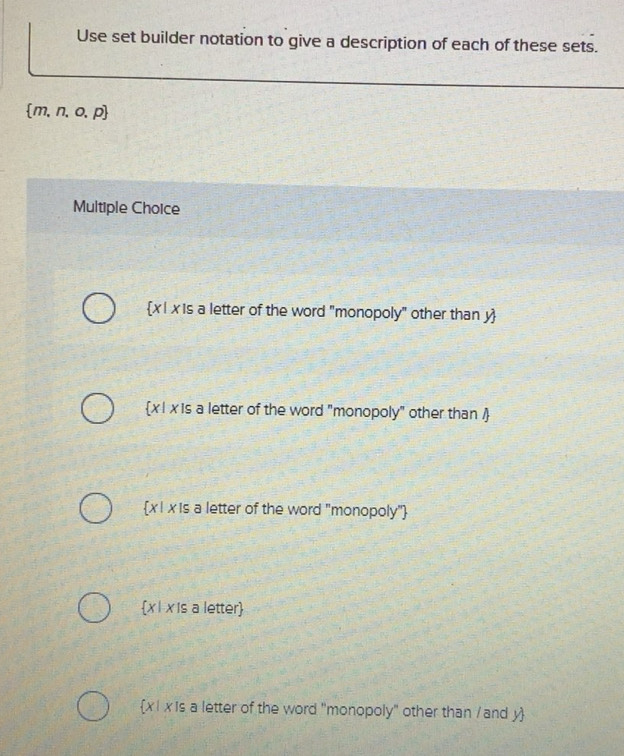 Solved: Use set builder notation to give a description of each of these sets. m,n,o,p Multiple ...