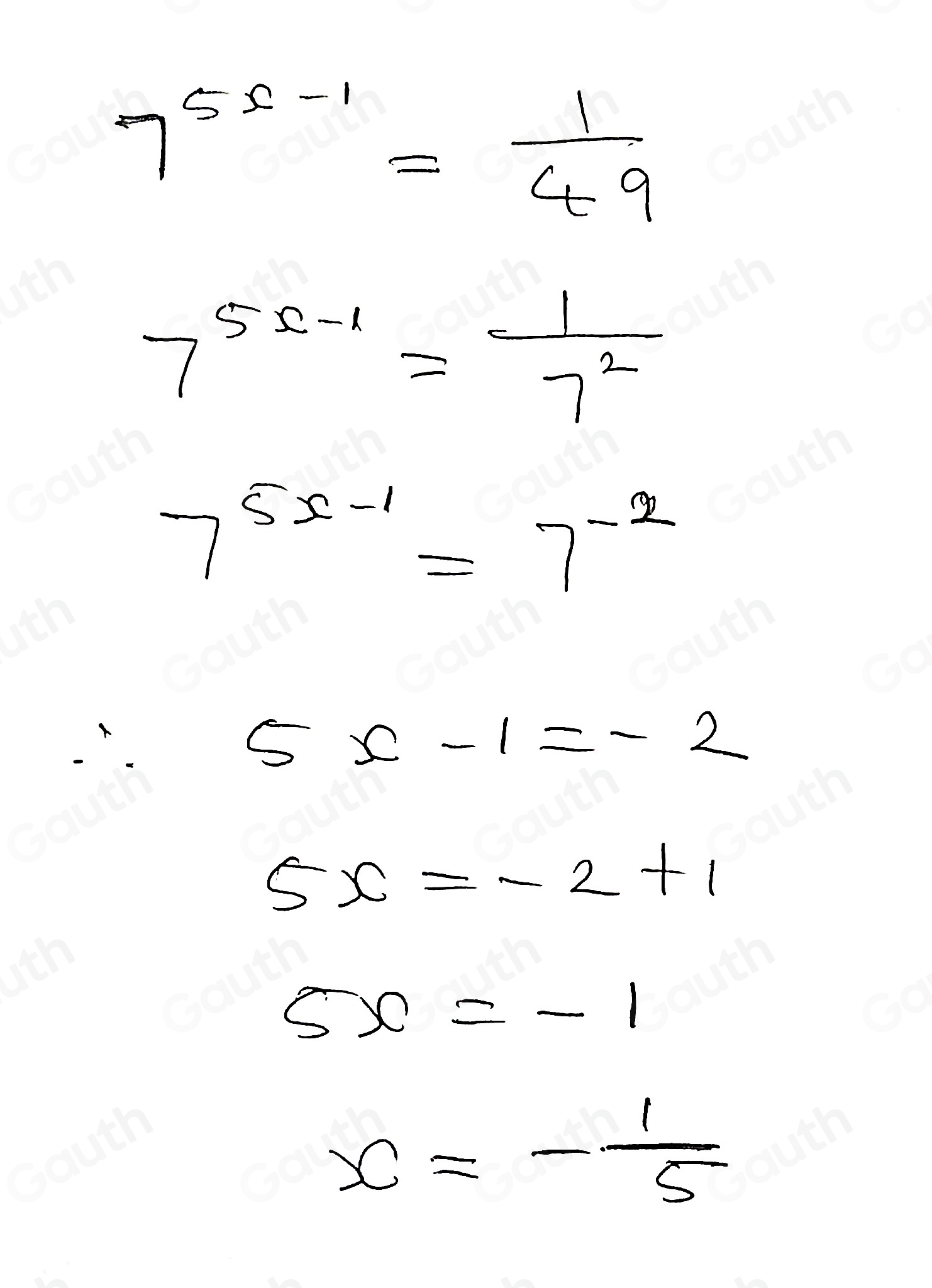 Solved: Solve the following elementary exponential equation. 7^(5x-1)= 1/49 [Math]