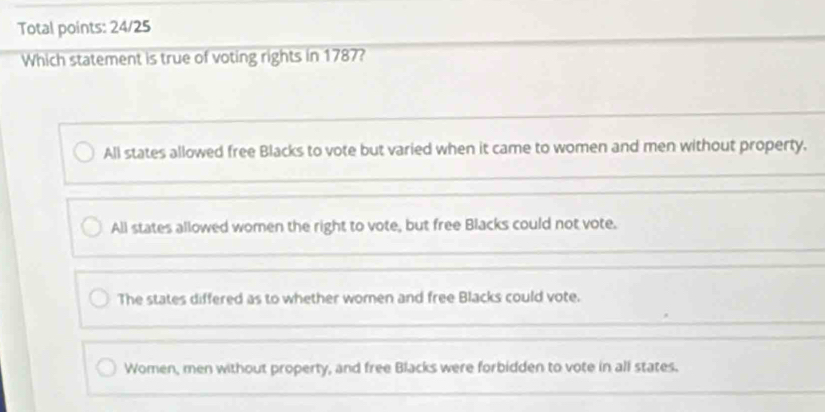 Solved: Total points: 24/25 Which statement is true of voting rights in ...