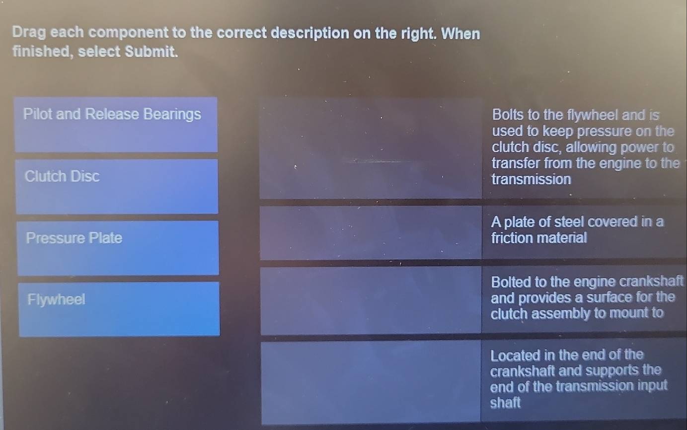 Solved: Drag each component to the correct description on the right ...