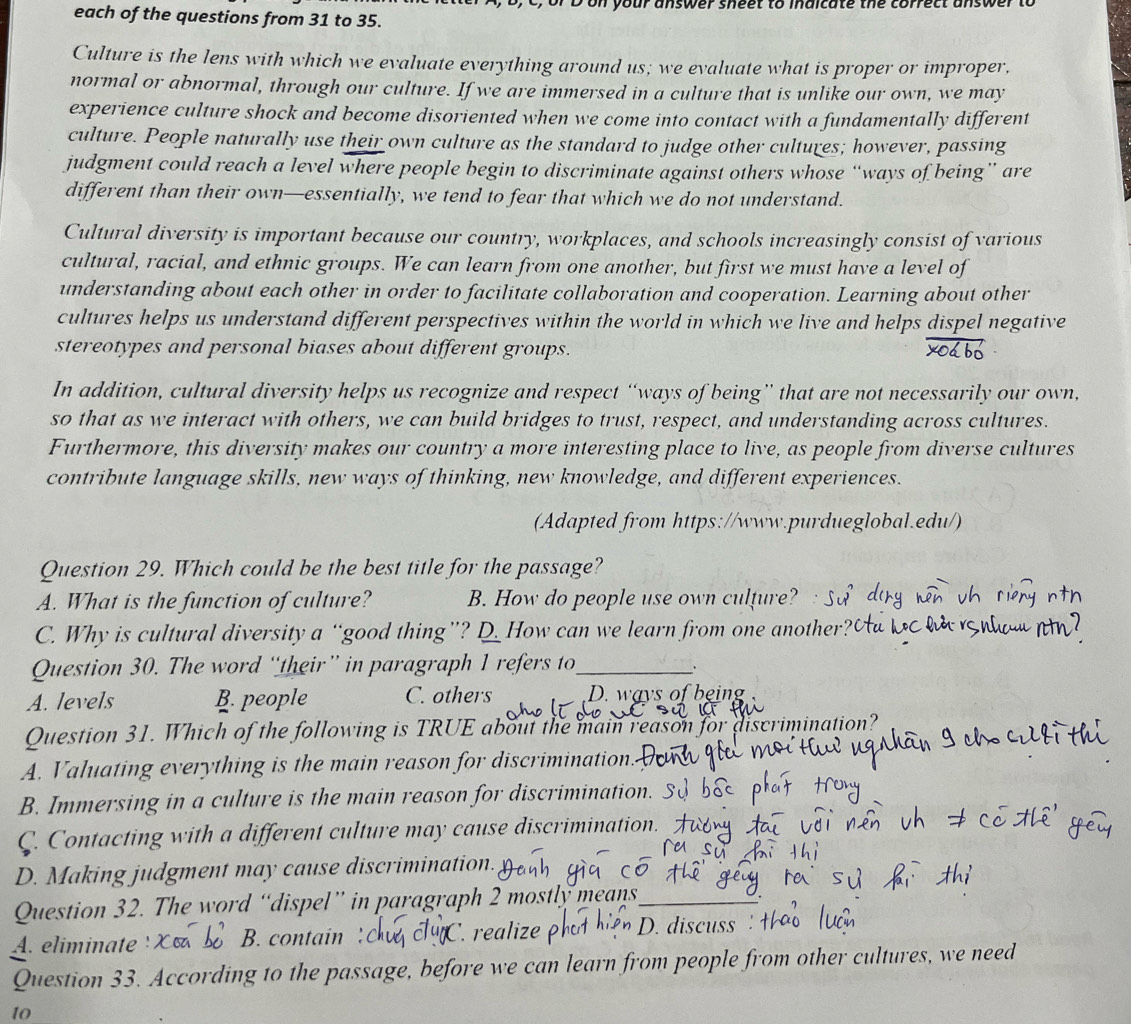 Giải quyết:or D on your answer sheet to maicate the correct answer to ...
