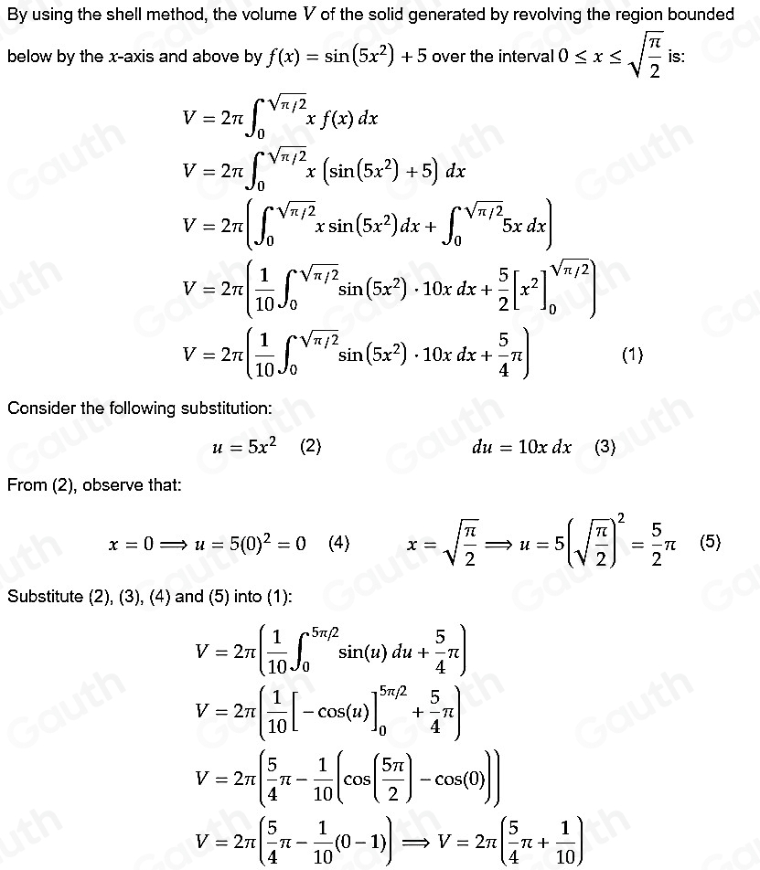 Solved: is the region bounded above by the graph of f(x)=sin (5x^2)+5 ...