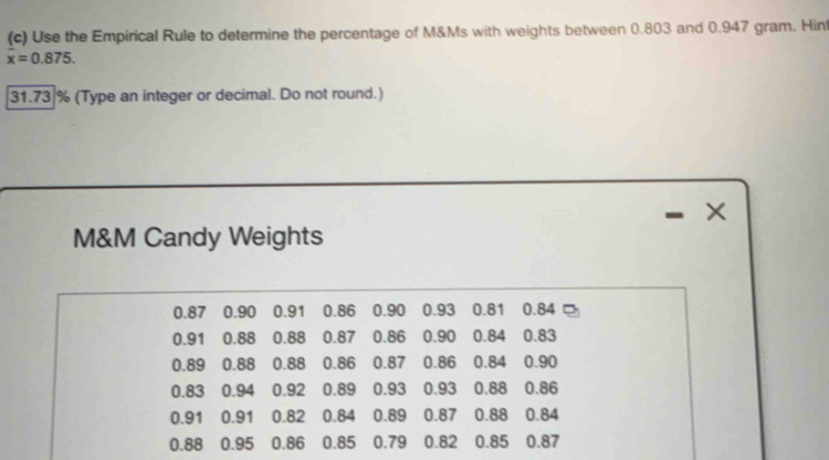 Solved: Use the Empirical Rule to determine the percentage of M&Ms with weights between 0.803 ...