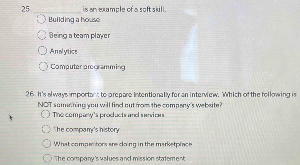 Solved: is an example of a soft skill. Building a house Being a team ...