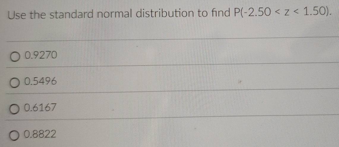 Solved: Use the standard normal distribution to find P(-2.50 . 0.9270 0 ...