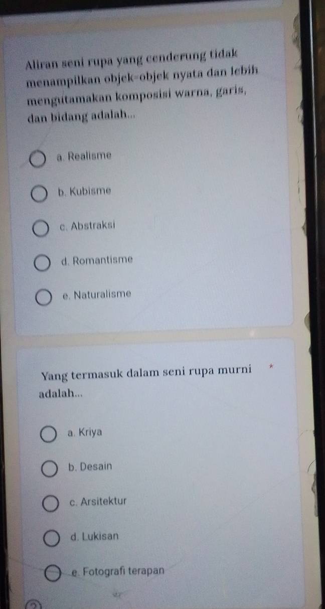 Telah dijawab:Aliran seni rupa yang cenderung tidak menampilkan objek ...