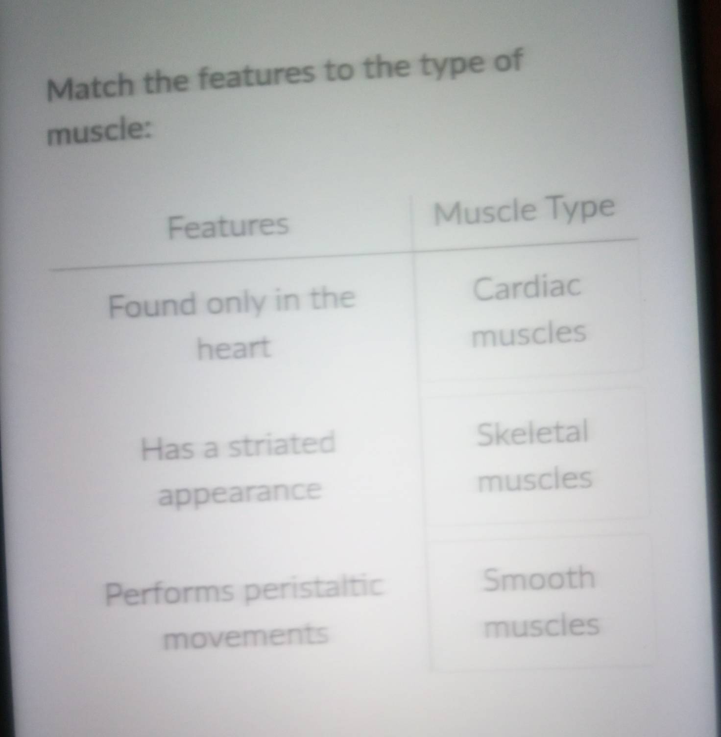 Solved: Match the features to the type of muscle: [Biology]