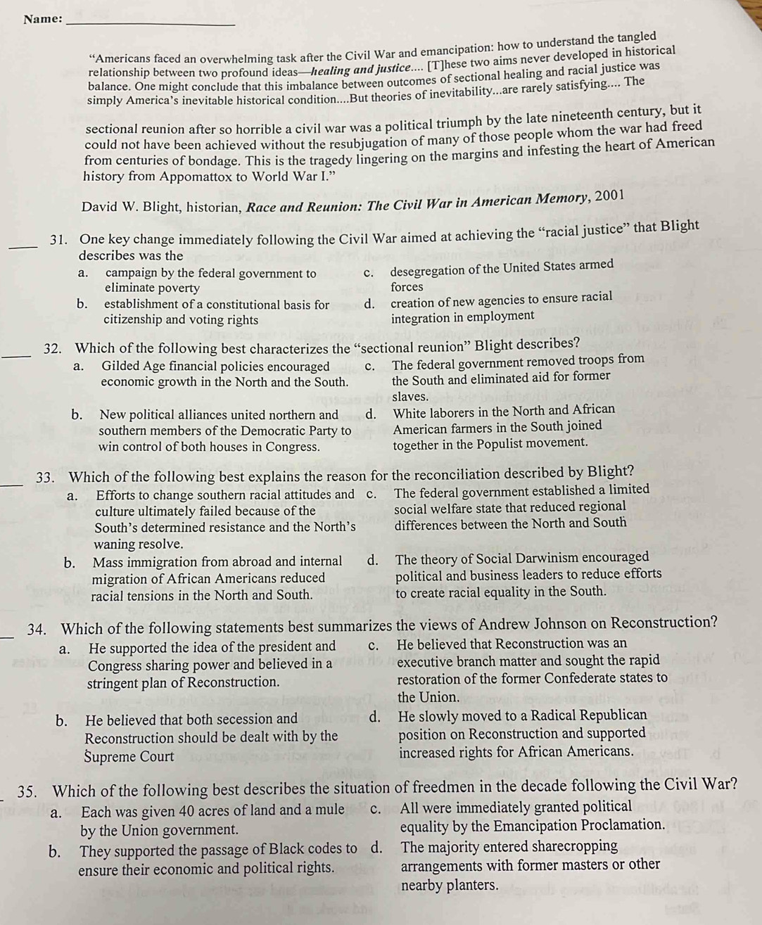 Solved: Name:_ “Americans faced an overwhelming task after the Civil ...