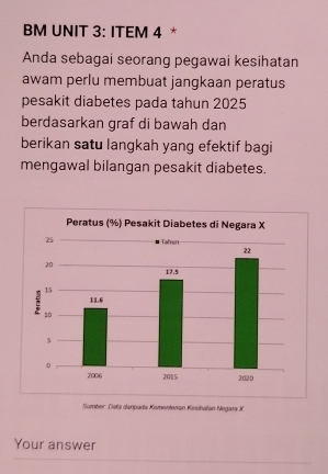 Selesai:BM UNIT 3: ITEM 4 * Anda sebagai seorang pegawai kesihatan awam perlu membuat jangkaan p