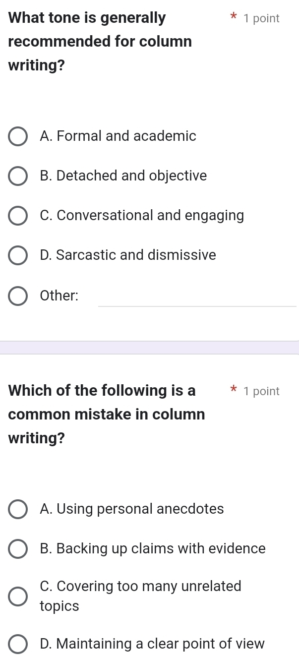 Solved: What tone is generally 1 point recommended for column writing ...